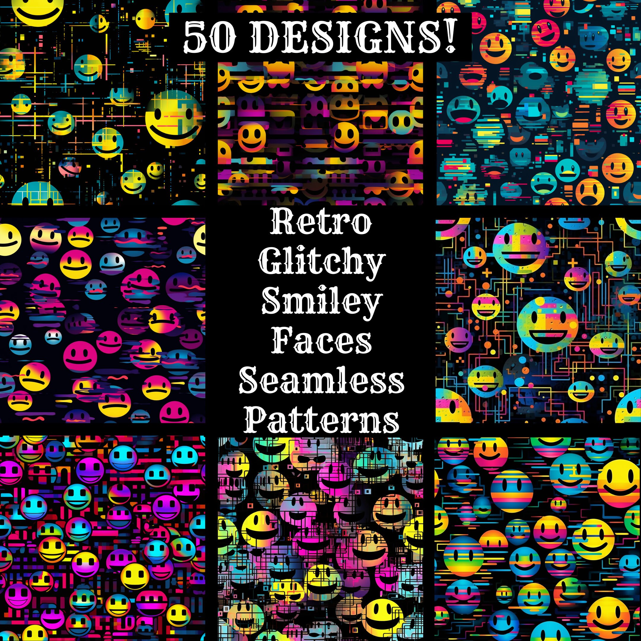 Retro Glitchy Smiley Faces Seamless Digital Paper, Printable Scrapbook ...