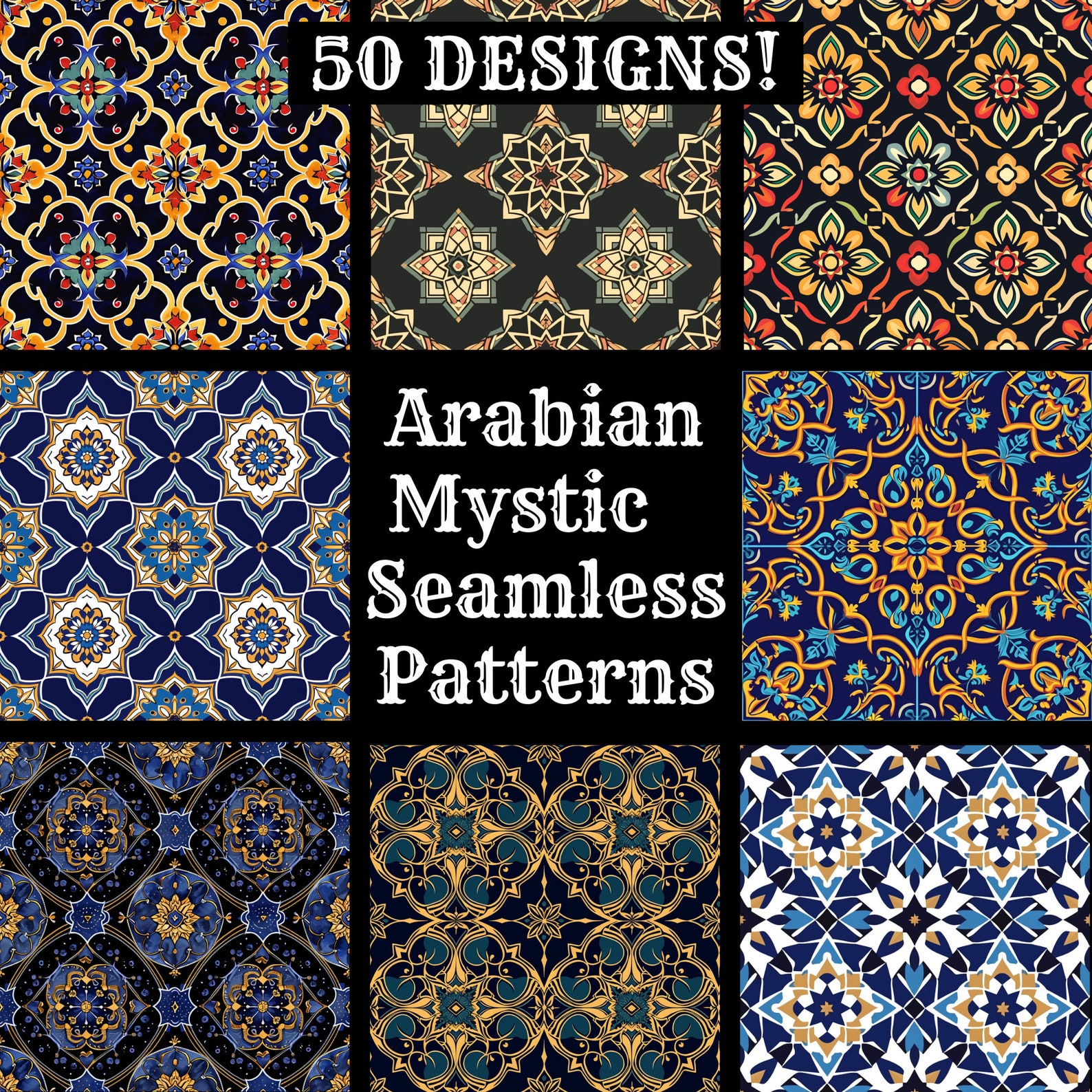 Arabian Mystic Seamless Patterns: 50 PNG Digital Papers (digital ...
