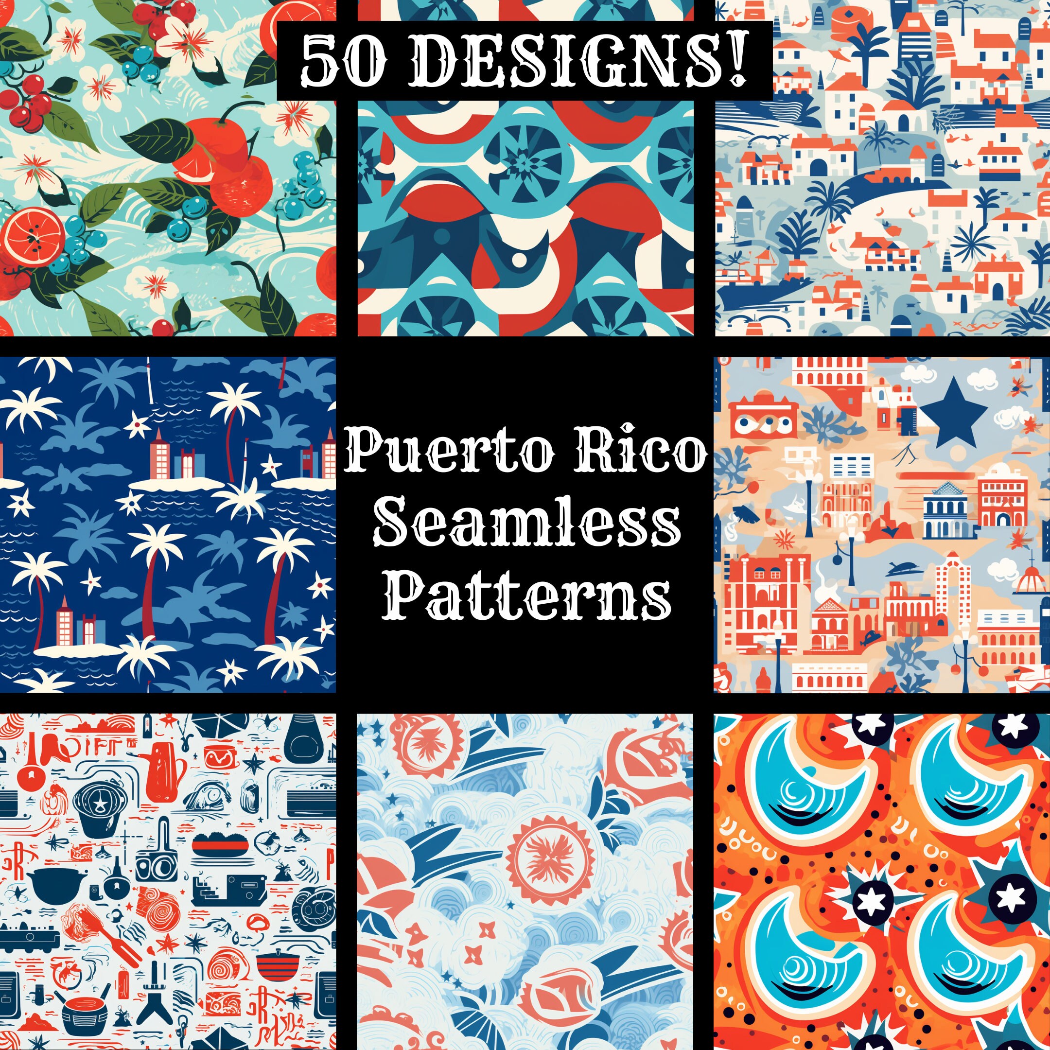Puerto Rico Seamless Pattern: Tropical Digital Paper (PNG, 300 Dpi) - Etsy