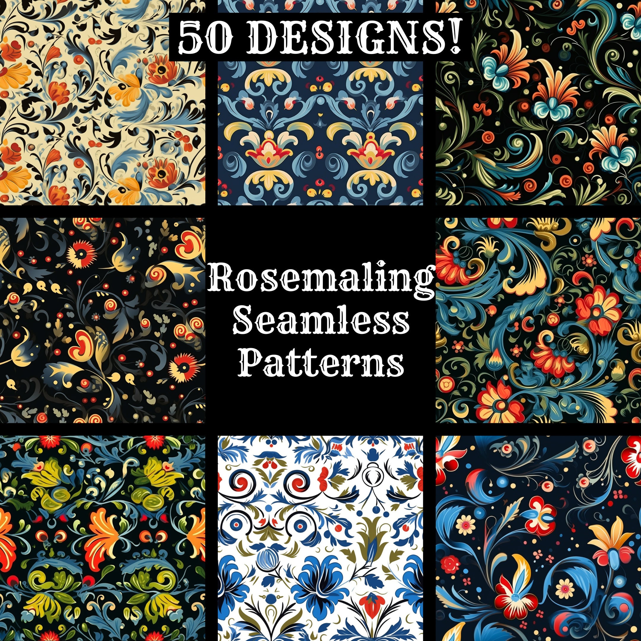 Rosemaling Seamless Pattern: Floral Digital Paper (PNG, 300 Dpi) - Etsy