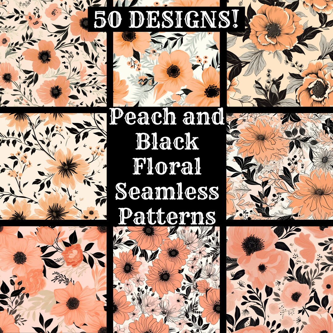 Peach and Black Floral Seamless Digital Paper, Printable Scrapbook ...