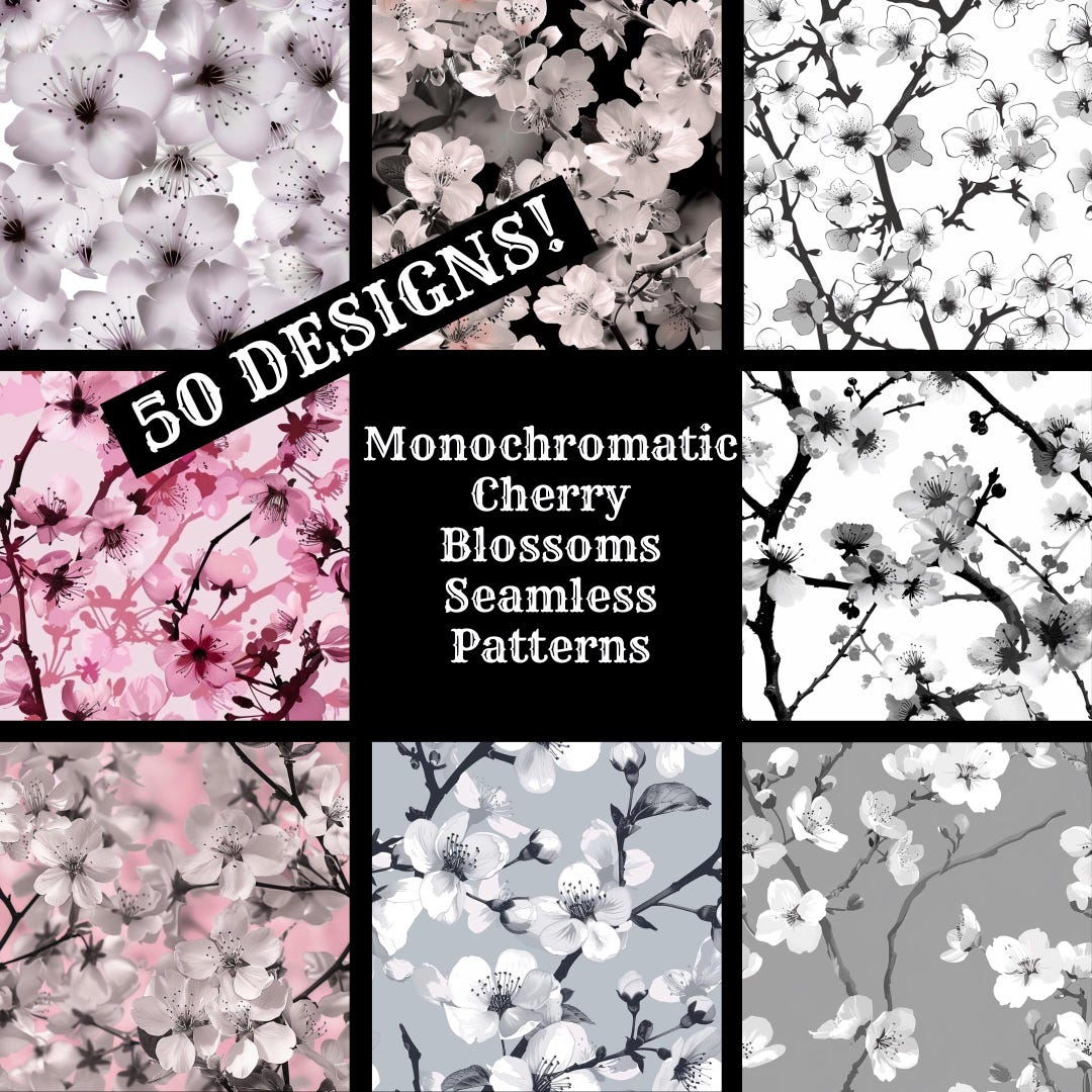 Monochromatic Cherry Blossoms Seamless Digital Paper, Printable ...
