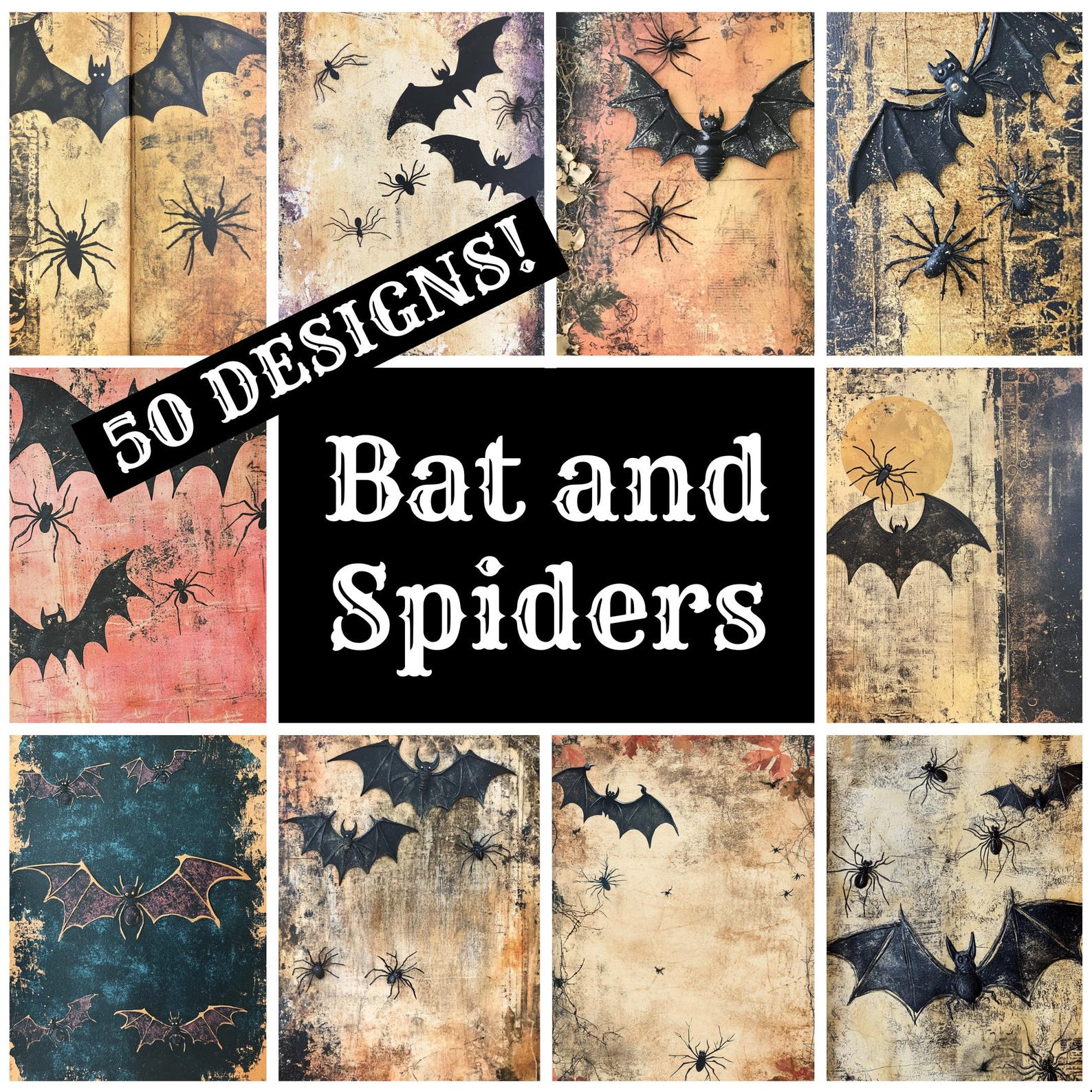 Bat and Spiders Journal Paper: Vintage Halloween Scrapbook (PNG Digital ...