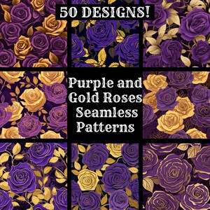 Purple and Gold Roses Seamless Digital Paper, Printable Scrapbook Paper ...