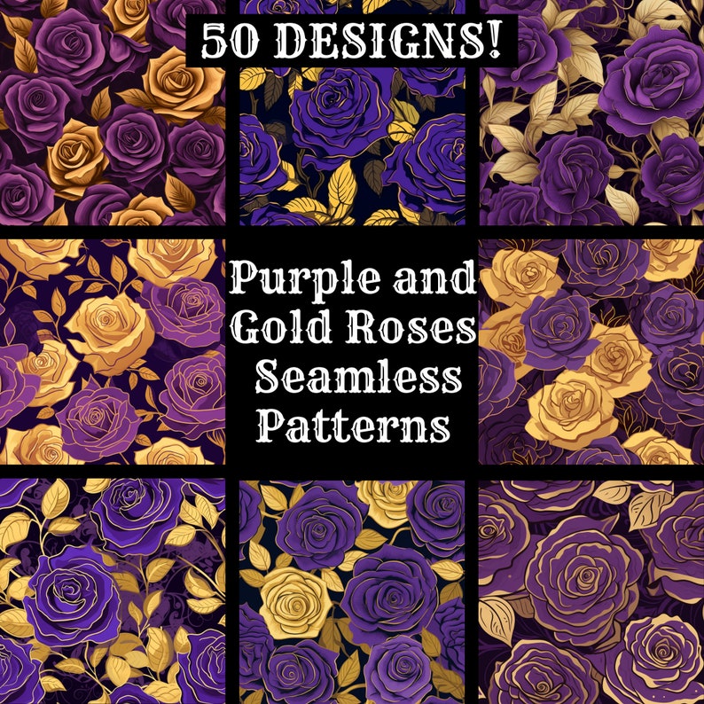 Purple and Gold Roses Seamless Digital Paper, Printable Scrapbook Paper ...