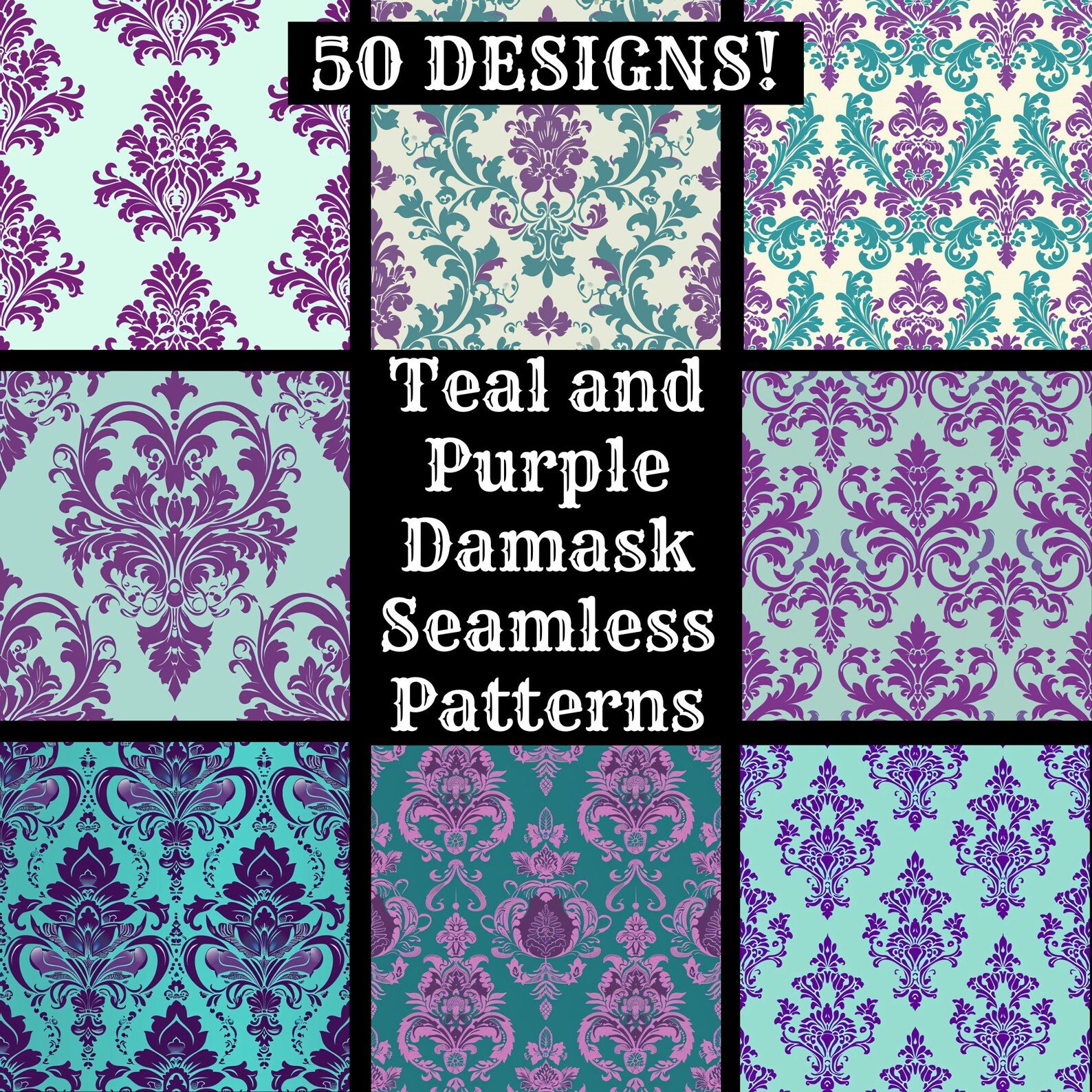 Teal and Purple Damask Seamless Digital Paper, Printable Scrapbook ...
