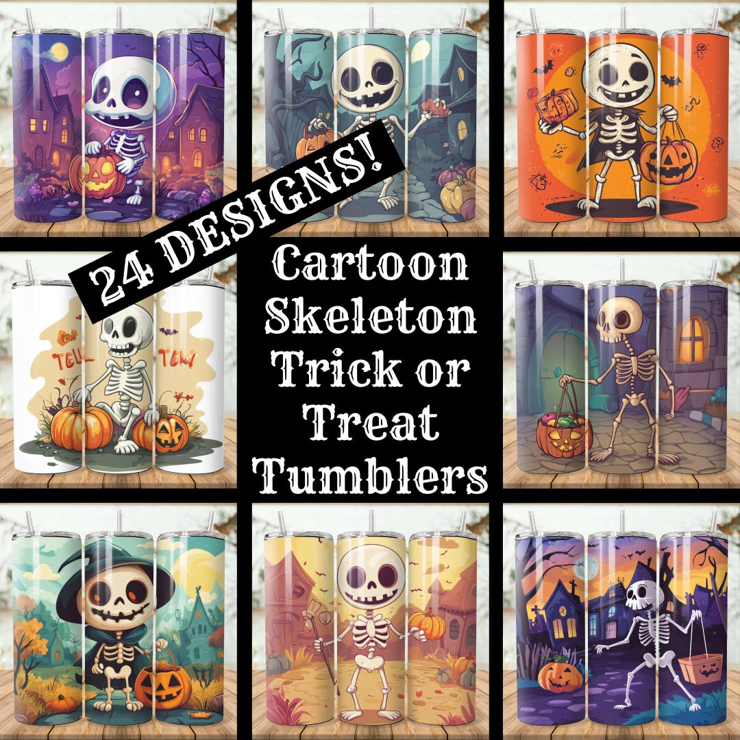 Cartoon Skeleton Tumbler Wrap Bundle: Trick or Treat Designs (24 Pack ...