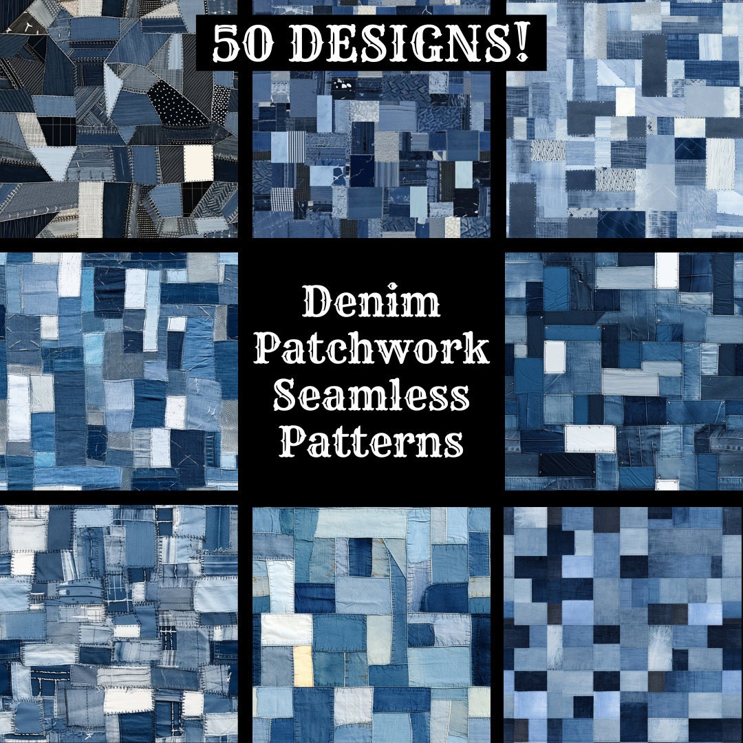 Denim Patchwork Seamless Patterns: 50 PNG Digital Papers (digital ...