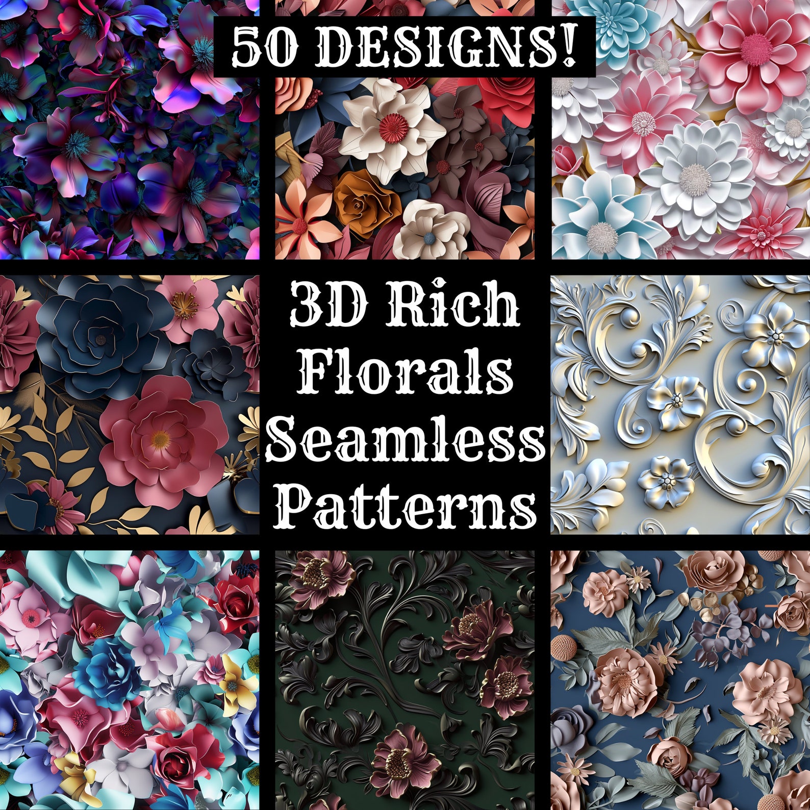 3D Floral Seamless Patterns: Rich PNG Digital Paper (digital Download ...