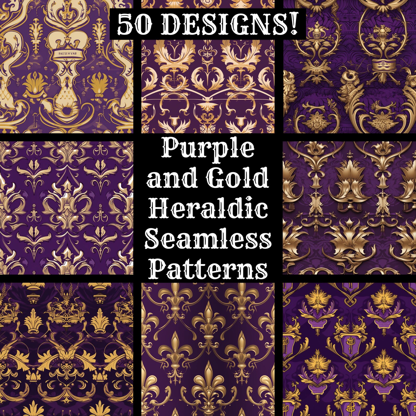 Purple and Gold Heraldic Seamless Digital Paper, Printable Scrapbook ...