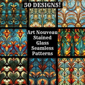 Art Nouveau Stained Glass Seamless Patterns: 50 PNG Digital Papers ...