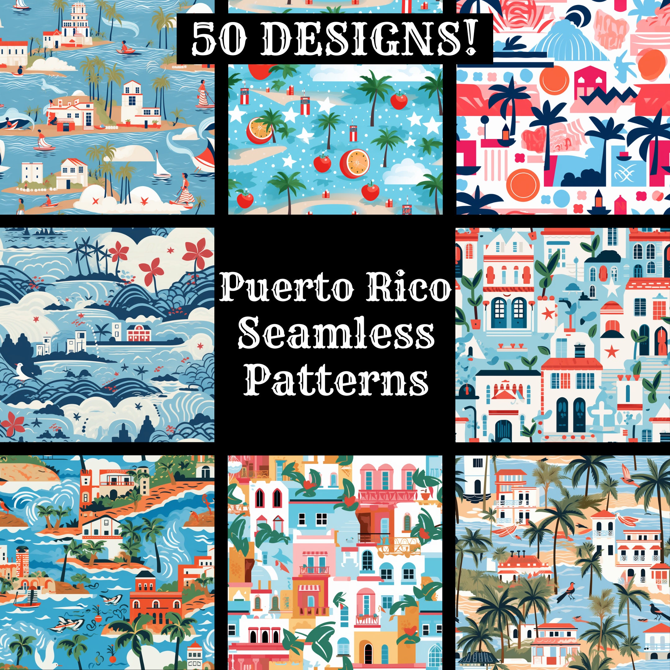 Puerto Rico Seamless Pattern: Tropical Digital Paper (PNG, 300 Dpi) - Etsy