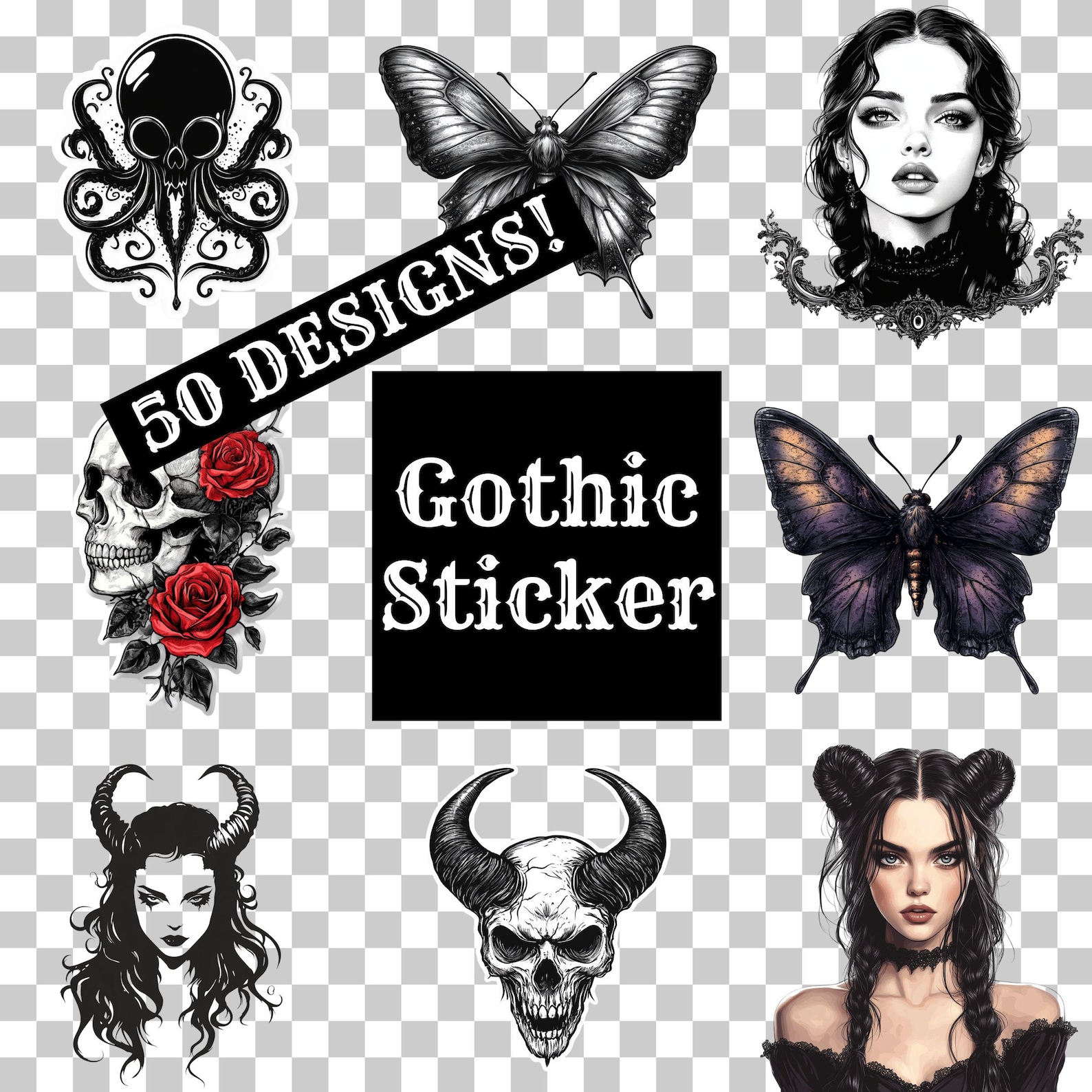 Gothic Sticker Clipart: 50 PNG Transparent Graphics (digital Download ...