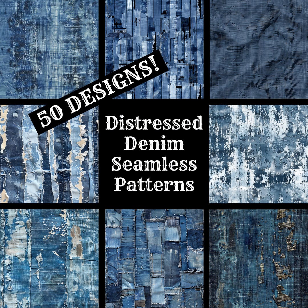 Distressed Denim Seamless Patterns: 50 PNG Digital Papers (digital ...