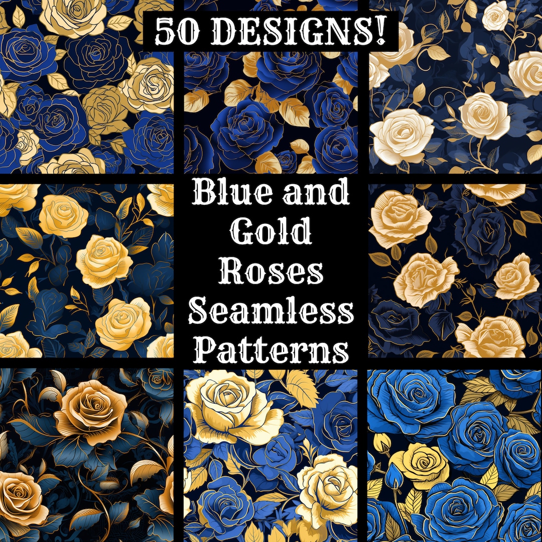 Blue and Gold Roses Seamless Digital Paper, Printable Scrapbook Paper ...