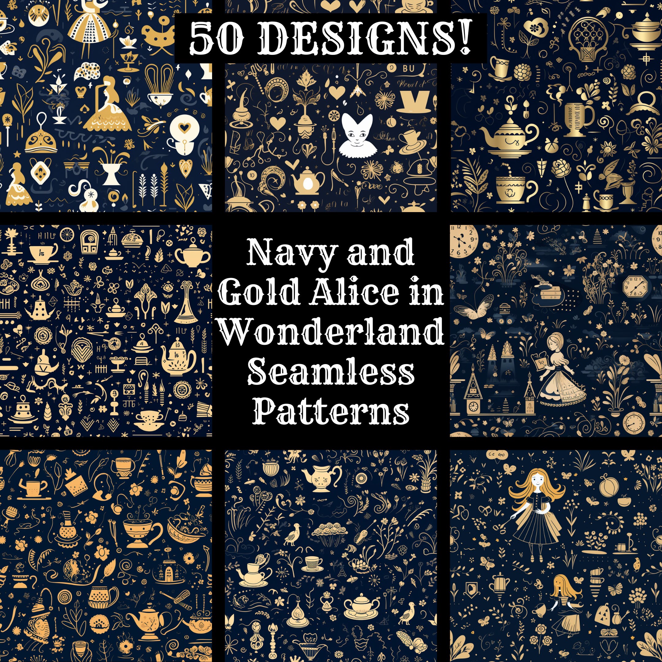 Navy and Gold Alice in Wonderland Seamless Patterns (digital Download ...
