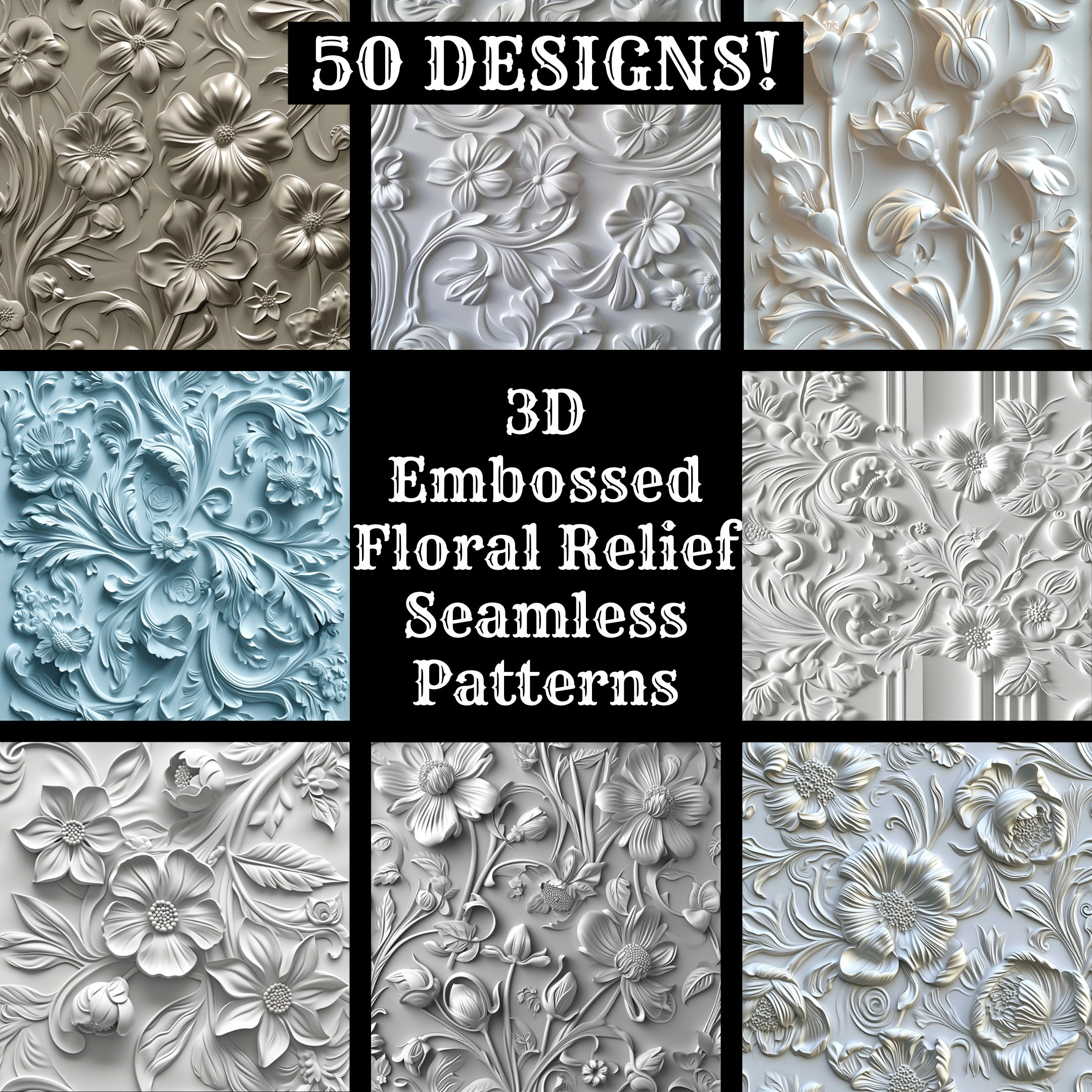 3D Embossed Floral Relief Seamless Patterns: Digital Paper (PNG) - Etsy