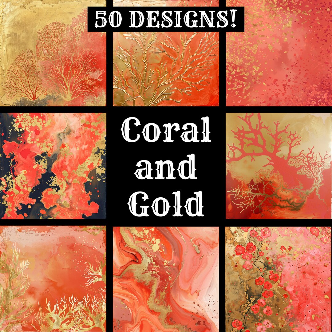 Coral and Gold Digital Paper: Vintage Scrapbook Designs (PNG, 12x12 ...