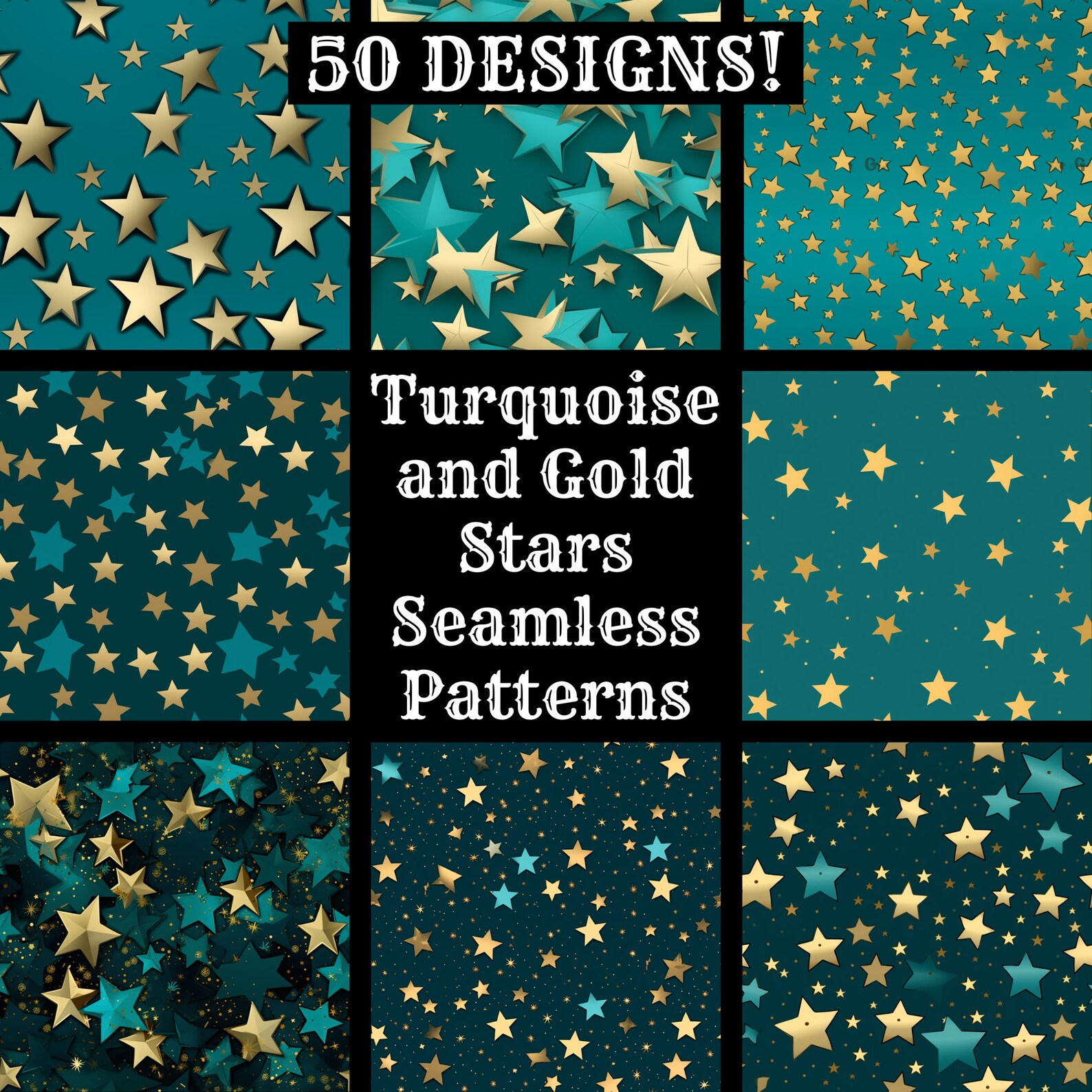 Turquoise and Gold Stars Seamless Digital Paper, Printable Scrapbook ...