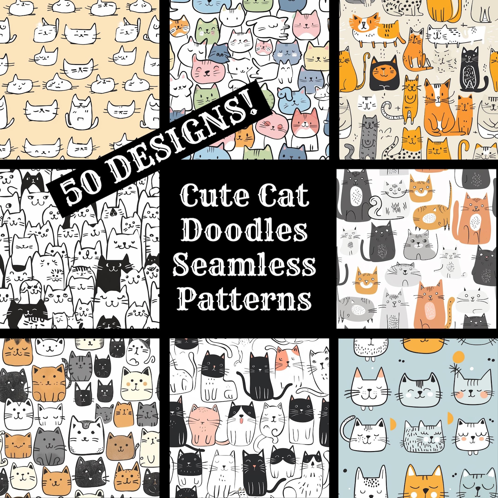 Cat Doodles Seamless Pattern, Cute Scrapbook Paper (digital Download ...