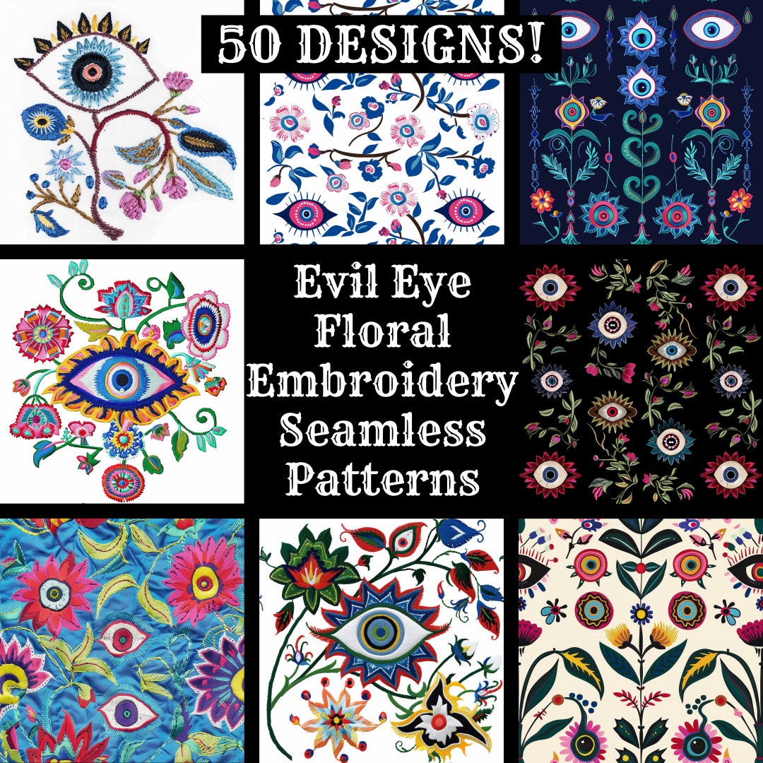 Evil Eye Floral Embroidery Seamless Digital Paper, Evil Eye Embroidery ...