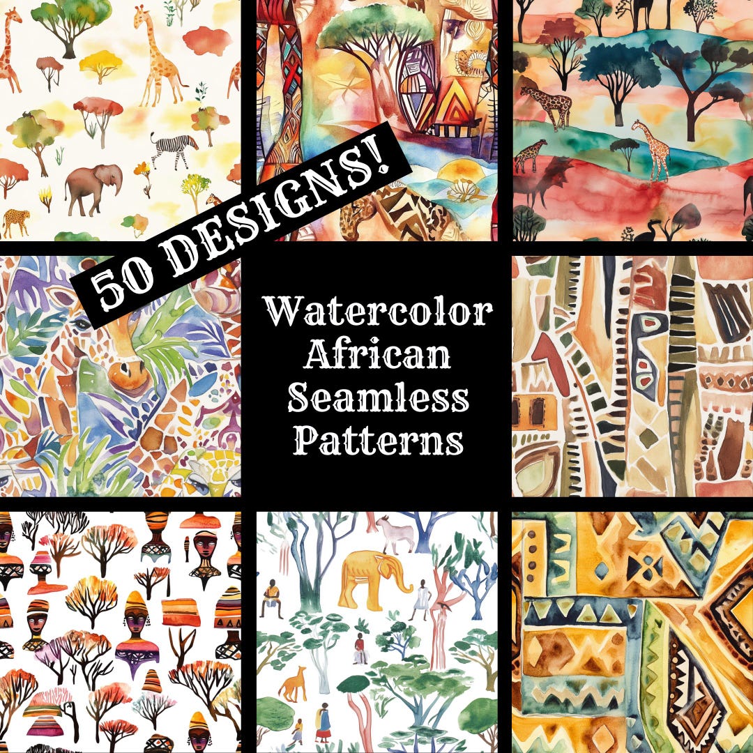 Watercolor African Seamless Patterns: 50 PNG Digital Papers (digital ...