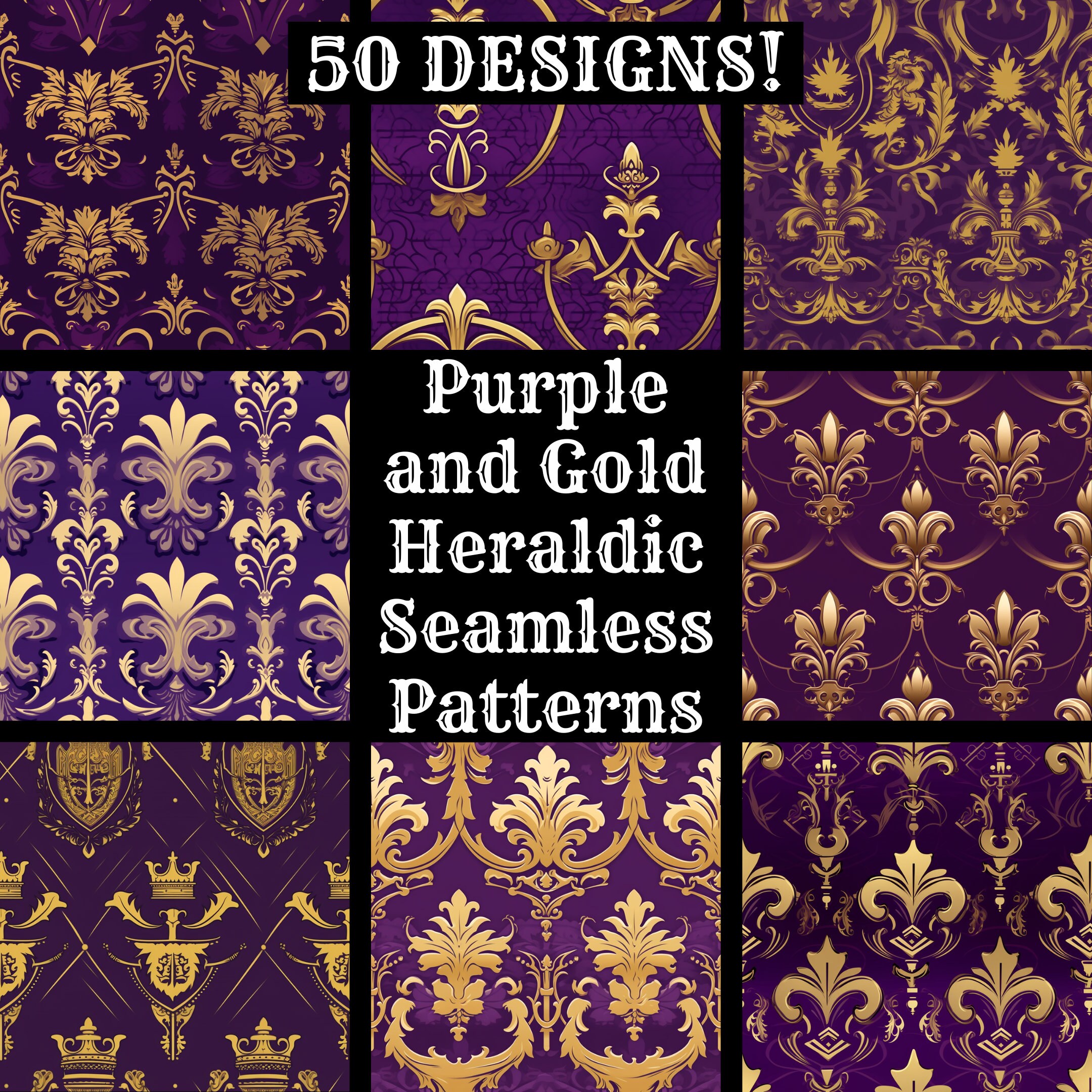 Purple and Gold Heraldic Seamless Digital Paper, Printable Scrapbook ...