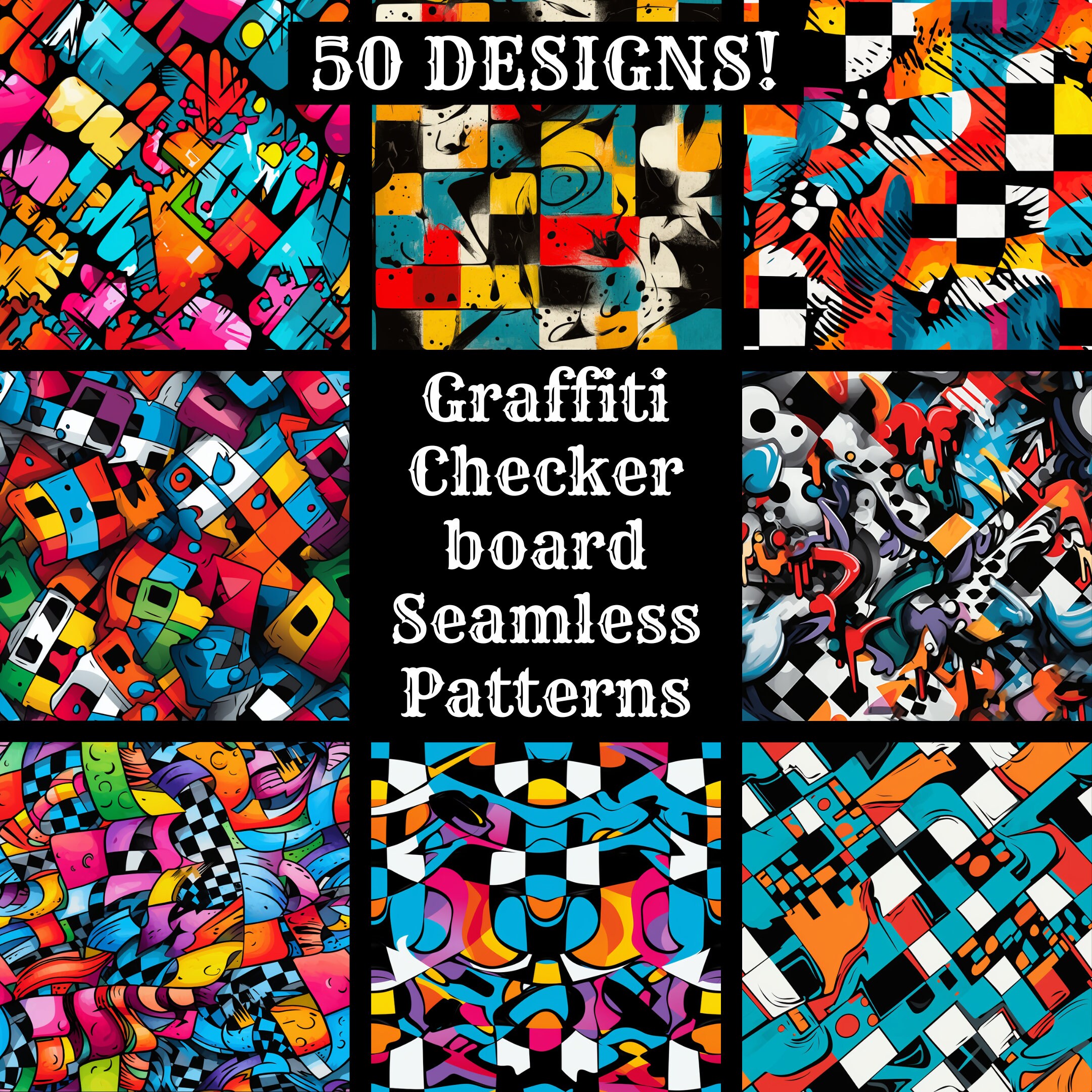 Graffiti Checkerboard Seamless Pattern: 50 PNG Digital Papers (digital ...