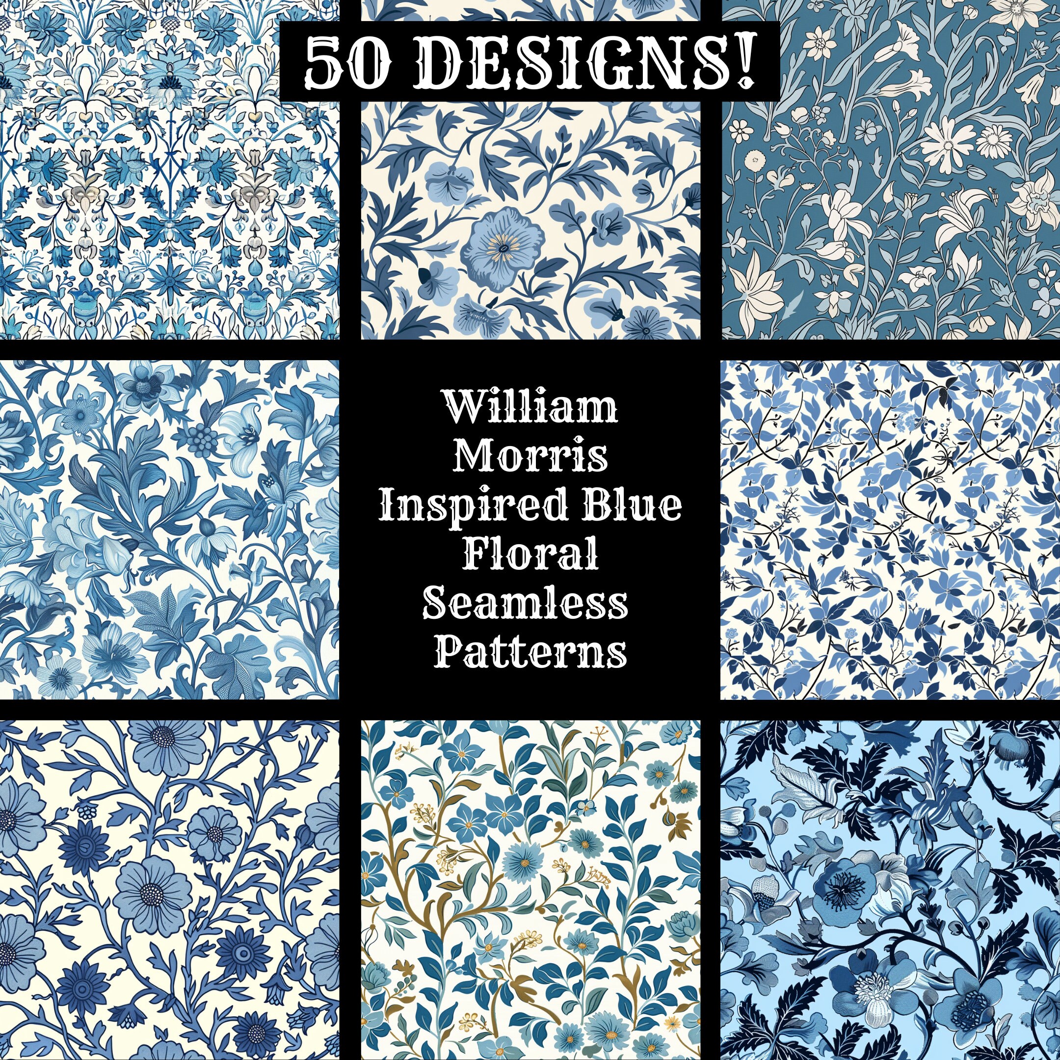 William Morris Inspired Blue Floral Seamless Patterns (digital Download ...