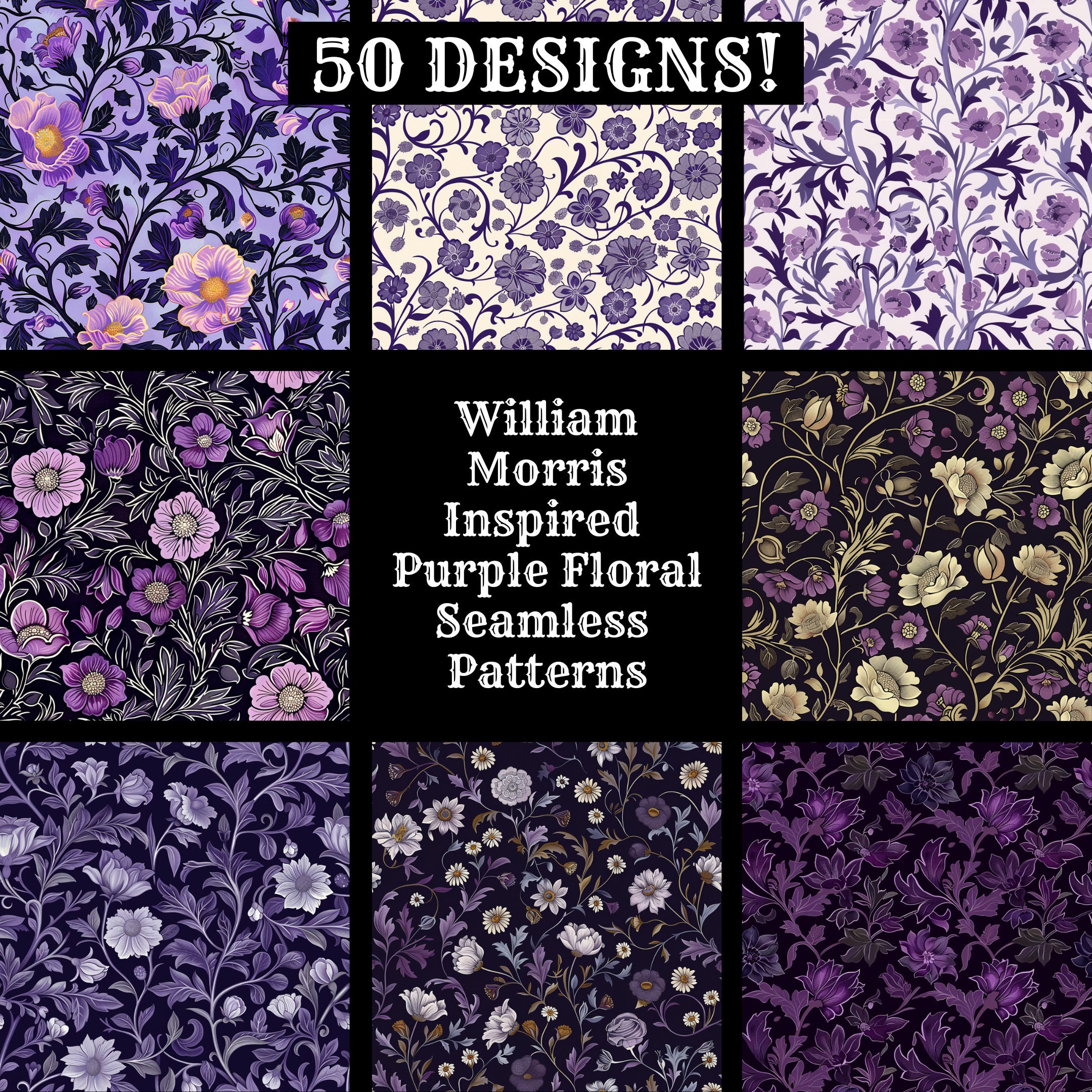 William Morris Inspired Purple Floral Seamless Patterns (digital ...