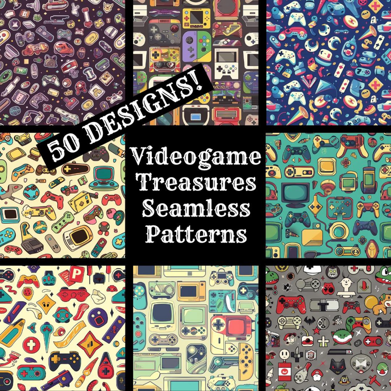 Videogame Treasures Seamless Pattern: 50 PNG Digital Papers (digital ...
