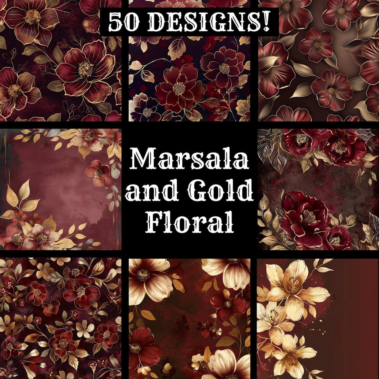 Marsala Gold Floral Digital Paper: High-resolution Scrapbook (digital ...