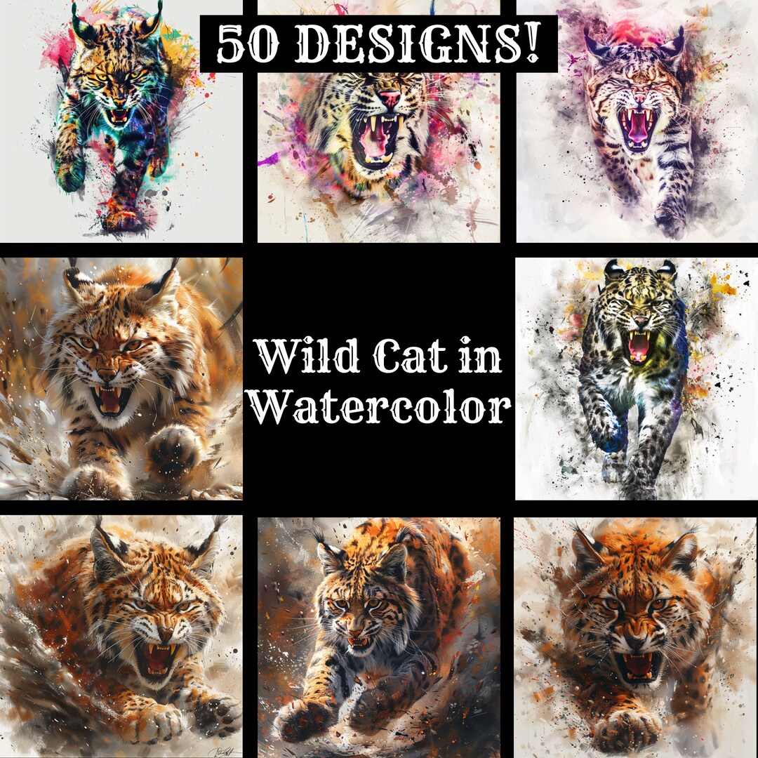 Watercolor Wild Cat Digital Paper: High-resolution PNG (digital ...