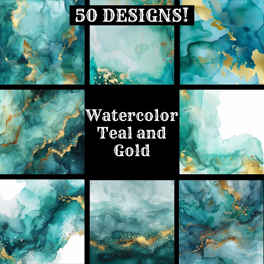 Watercolor Teal and Gold Paper, Watercolor Teal and Gold Printable ...