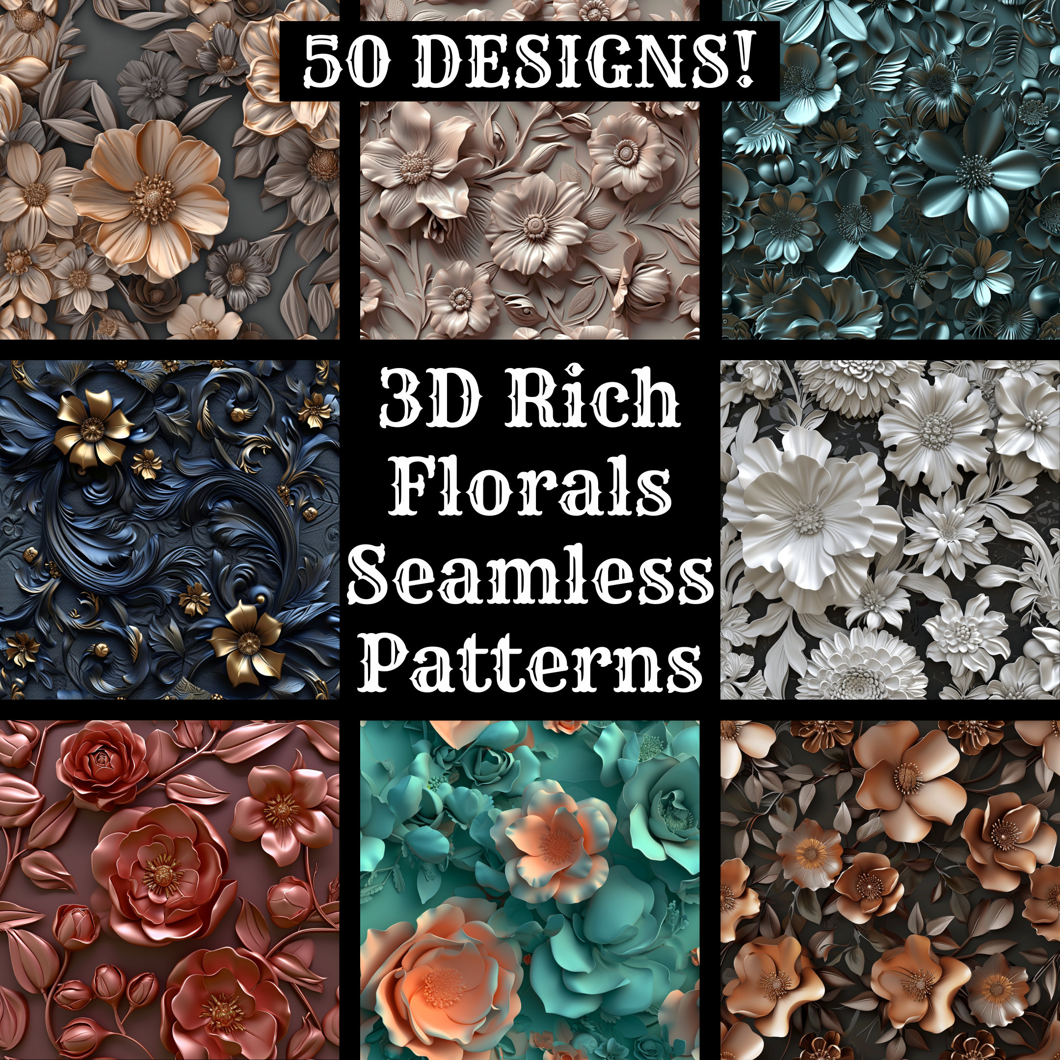 3D Floral Seamless Patterns: Rich PNG Digital Paper (digital Download ...