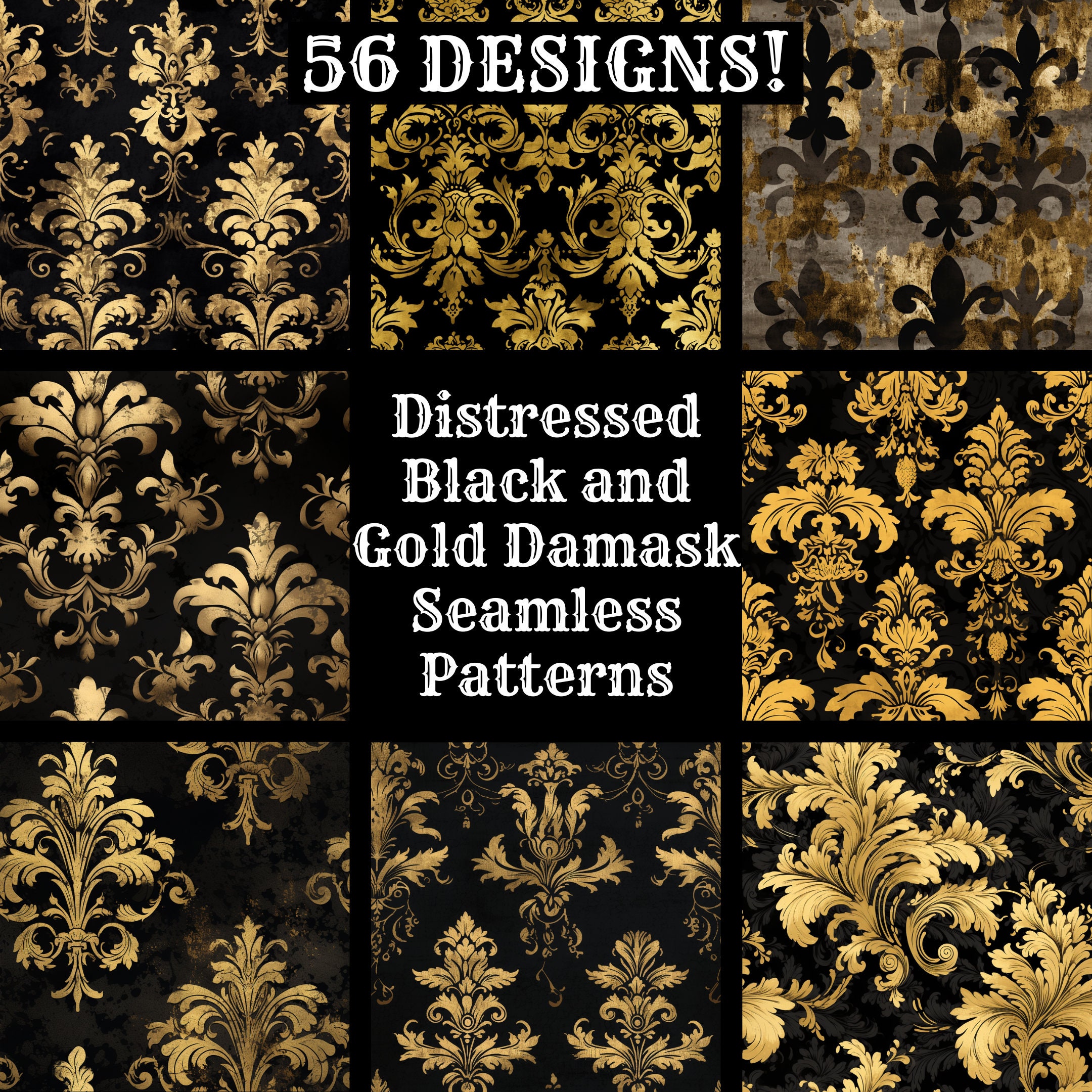 Distressed Black and Gold Damask Seamless Digital Paper, Printable ...