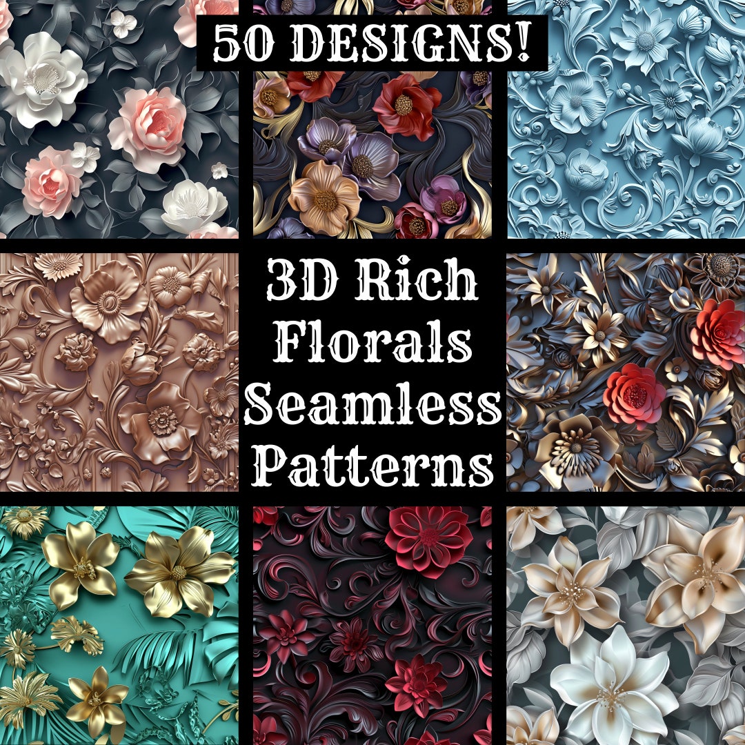3D Floral Seamless Patterns: Rich PNG Digital Paper (digital Download ...
