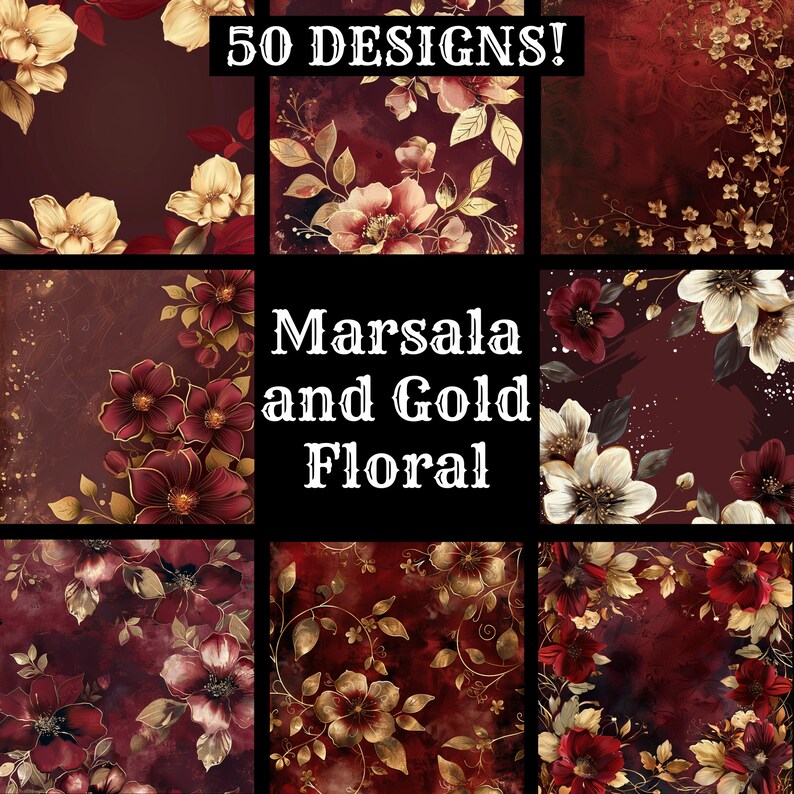 Marsala Gold Floral Digital Paper: High-resolution Scrapbook (digital ...