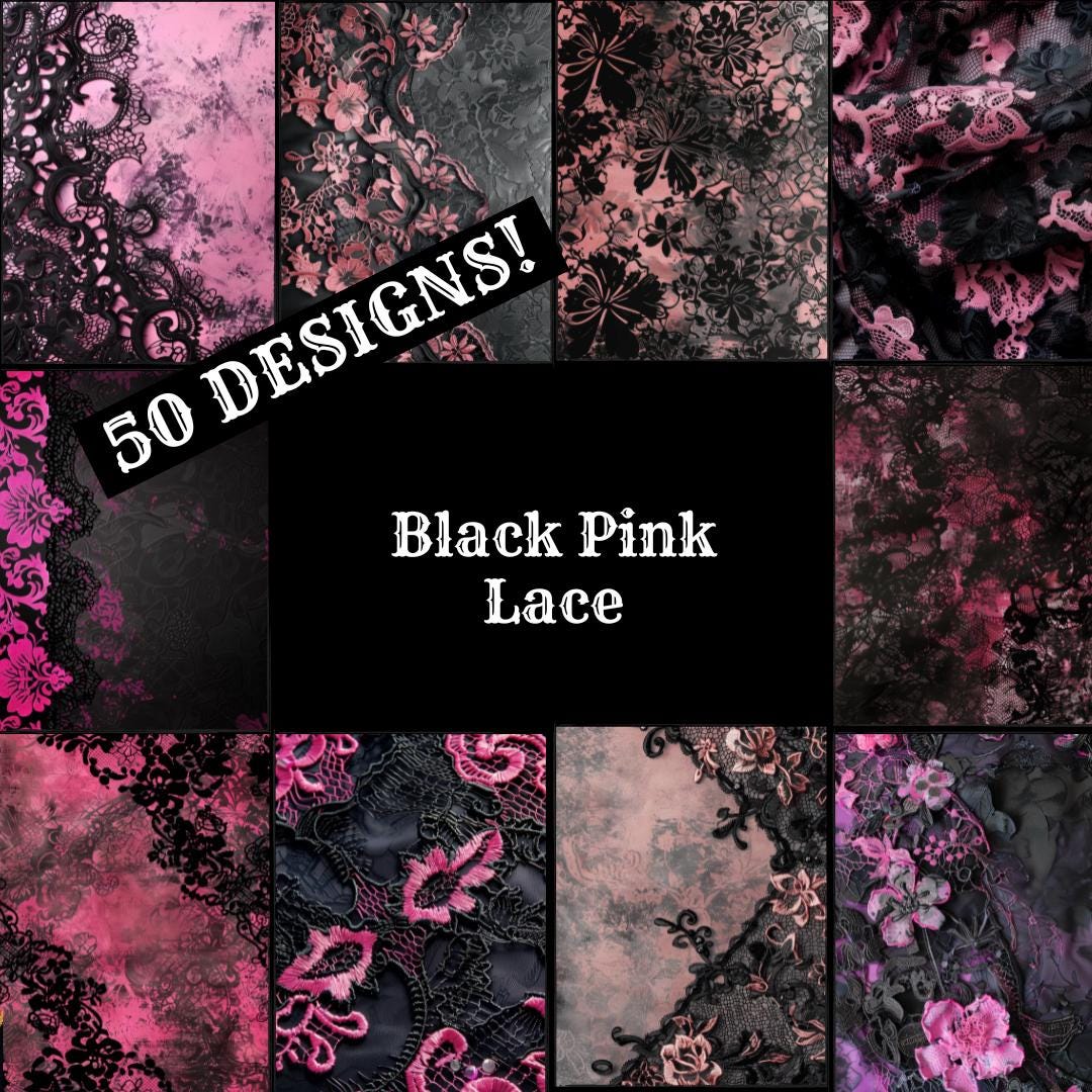 Black Pink Lace Digital Paper: Vintage Journal Inserts (PNG, 8.5x11 In ...