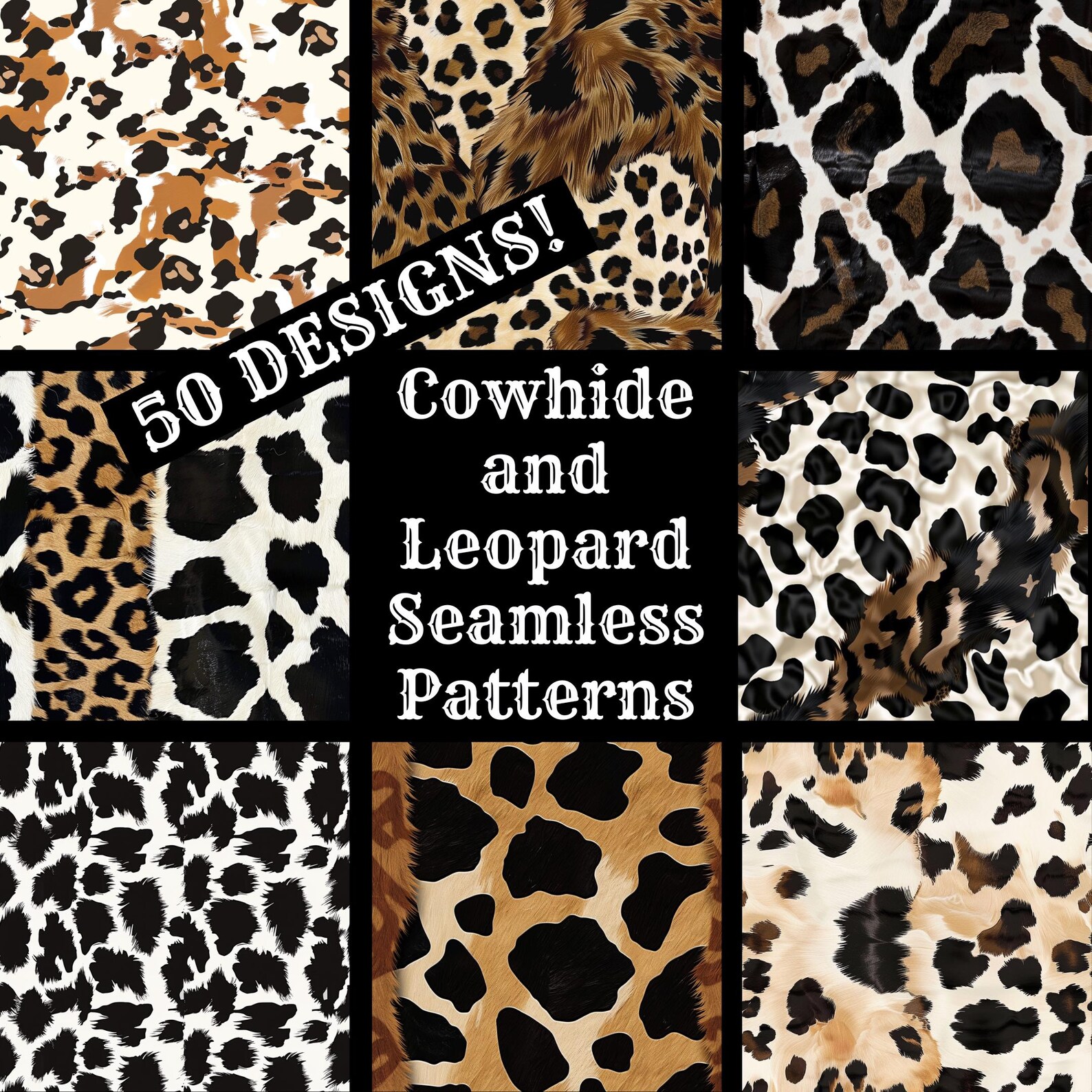Cowhide & Leopard Seamless Patterns: 50 PNG Digital Papers (digital ...
