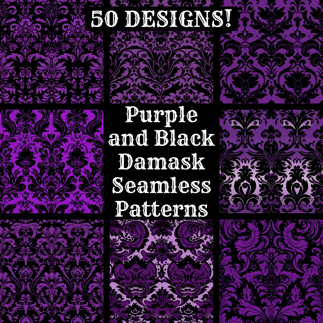 Purple & Black Damask Seamless Patterns: 50 PNG Digital Papers (digital ...