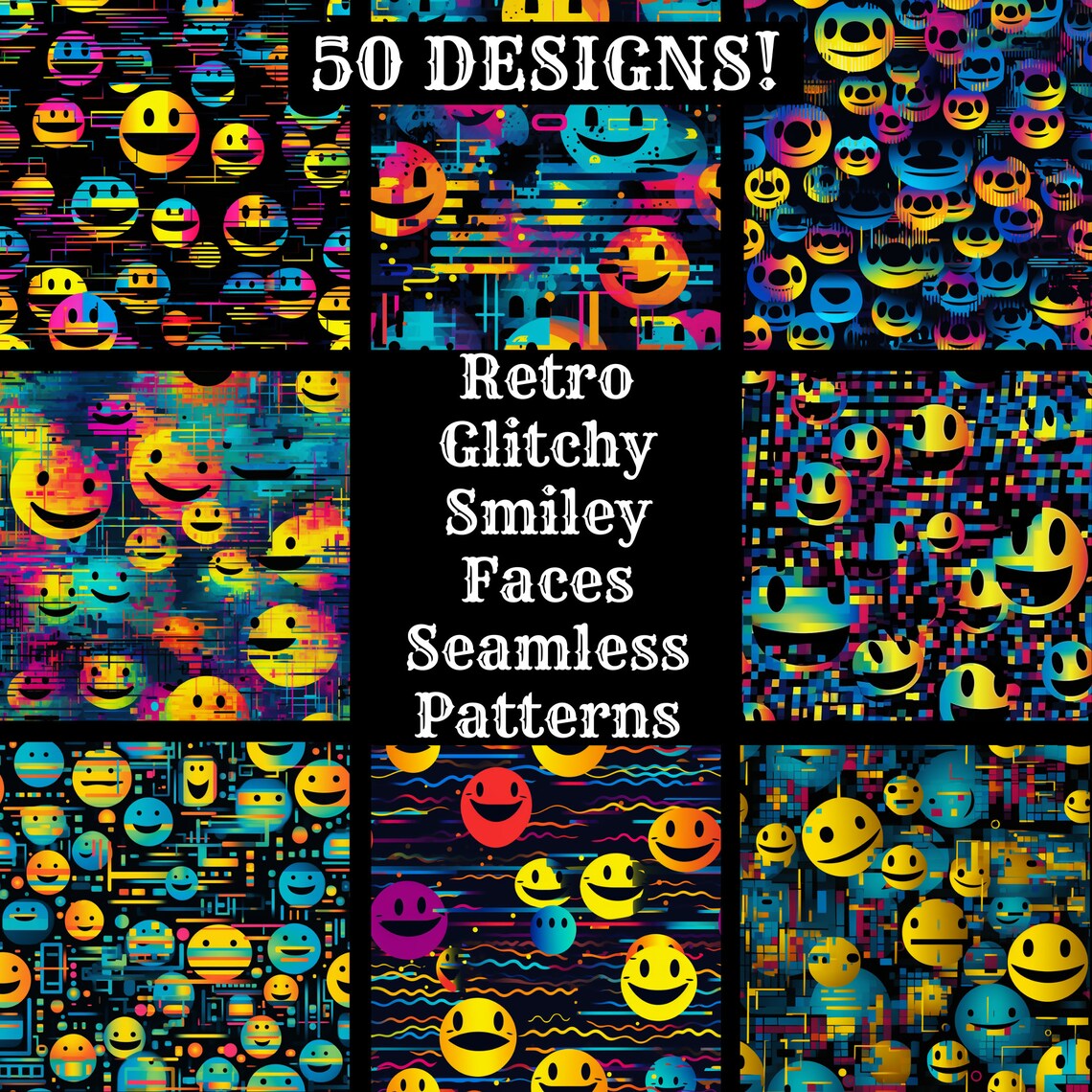 Retro Glitchy Smiley Faces Seamless Digital Paper, Printable Scrapbook ...