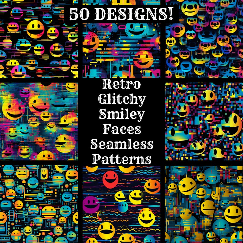 Retro Glitchy Smiley Faces Seamless Digital Paper, Printable Scrapbook ...