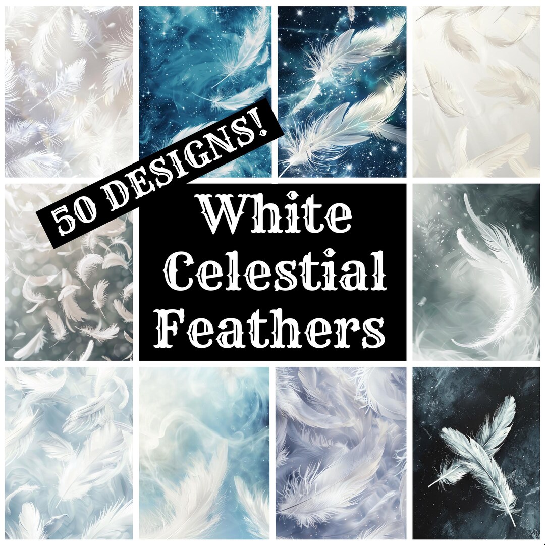 White Celestial Feathers Digital Paper: Vintage Journal Inserts (PNG, 8 ...
