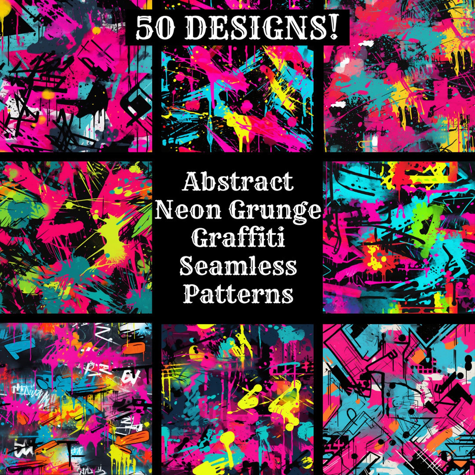 Abstract Neon Grunge Graffiti Seamless Digital Paper, Printable ...