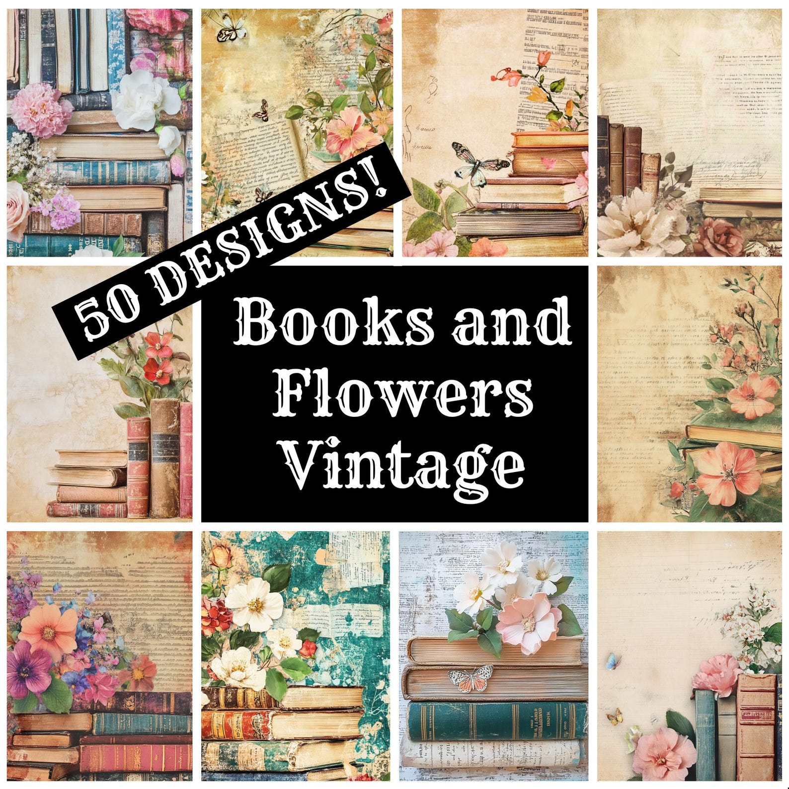 Vintage Books & Flowers Journal Paper: 50 PNG Prints (digital Download ...