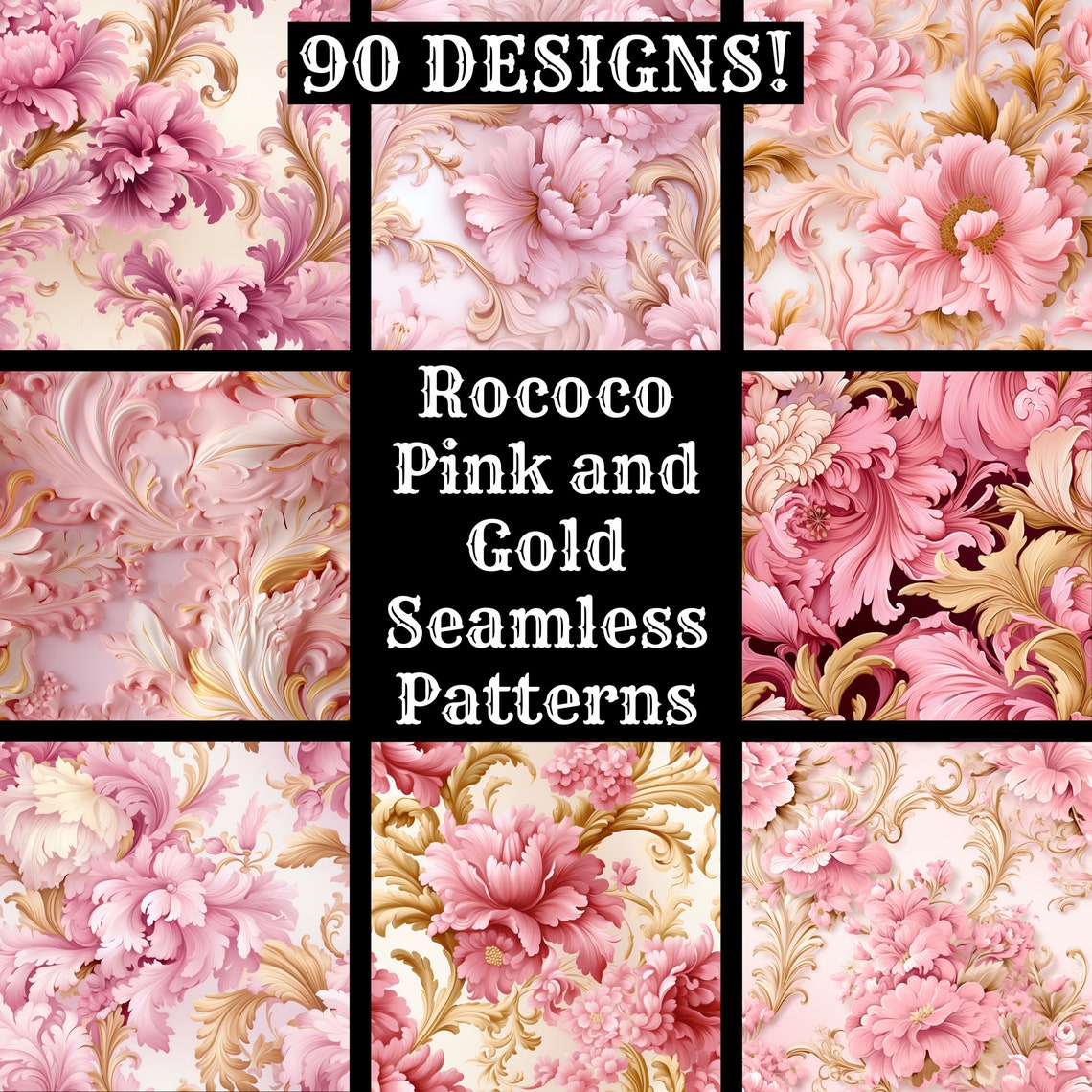 Rococo Pink and Gold Seamless Digital Paper, Printable Scrapbook Paper ...