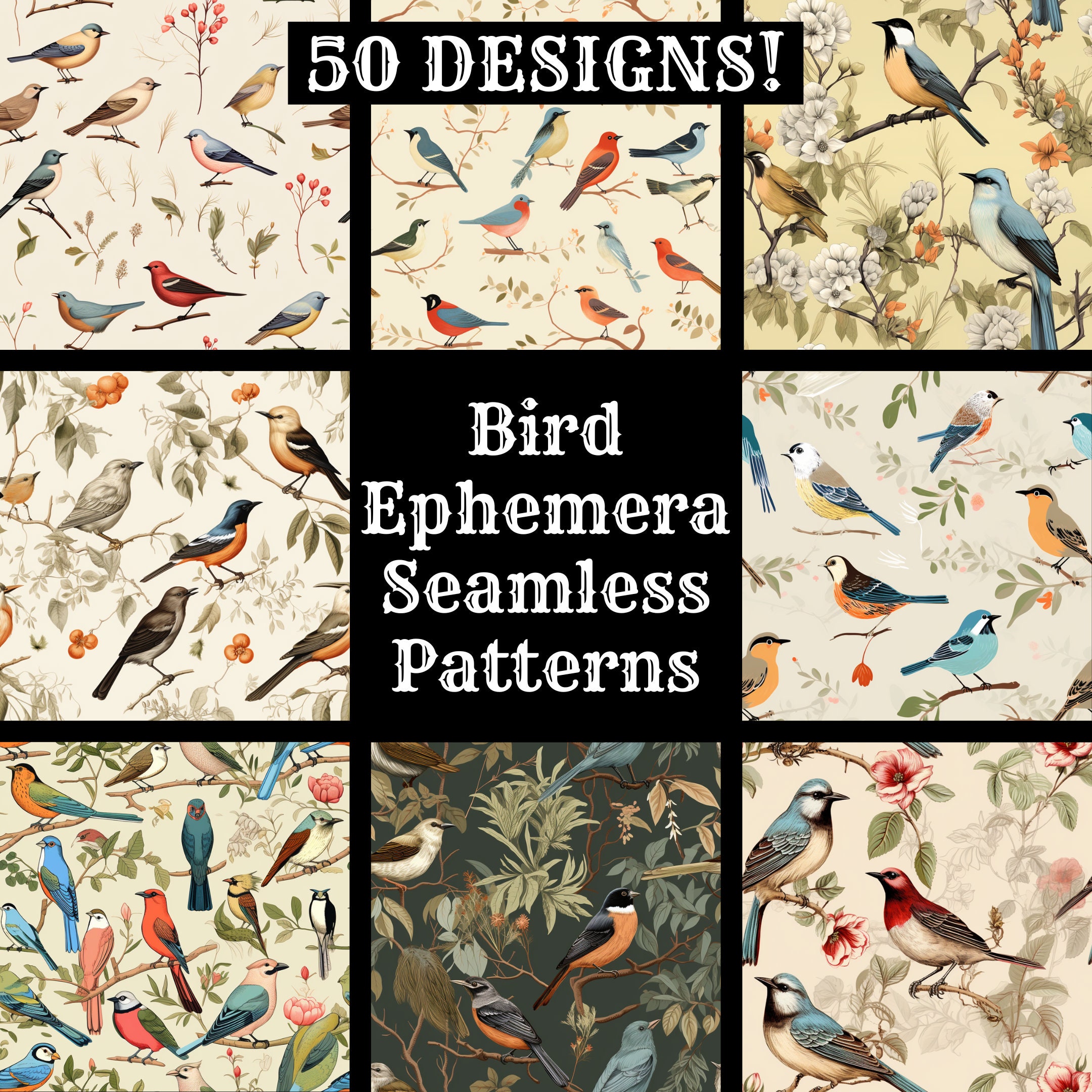 Bird Ephemera Seamless Digital Paper, Printable Scrapbook Paper ...