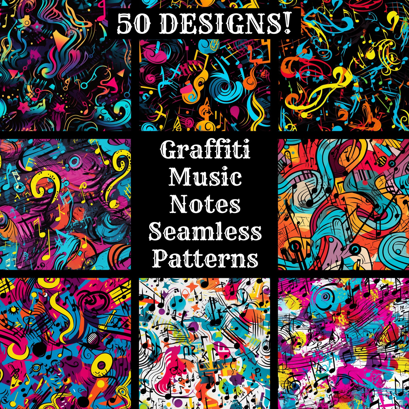 Graffiti Music Notes Seamless Pattern: Colorful Digital Paper (digital ...