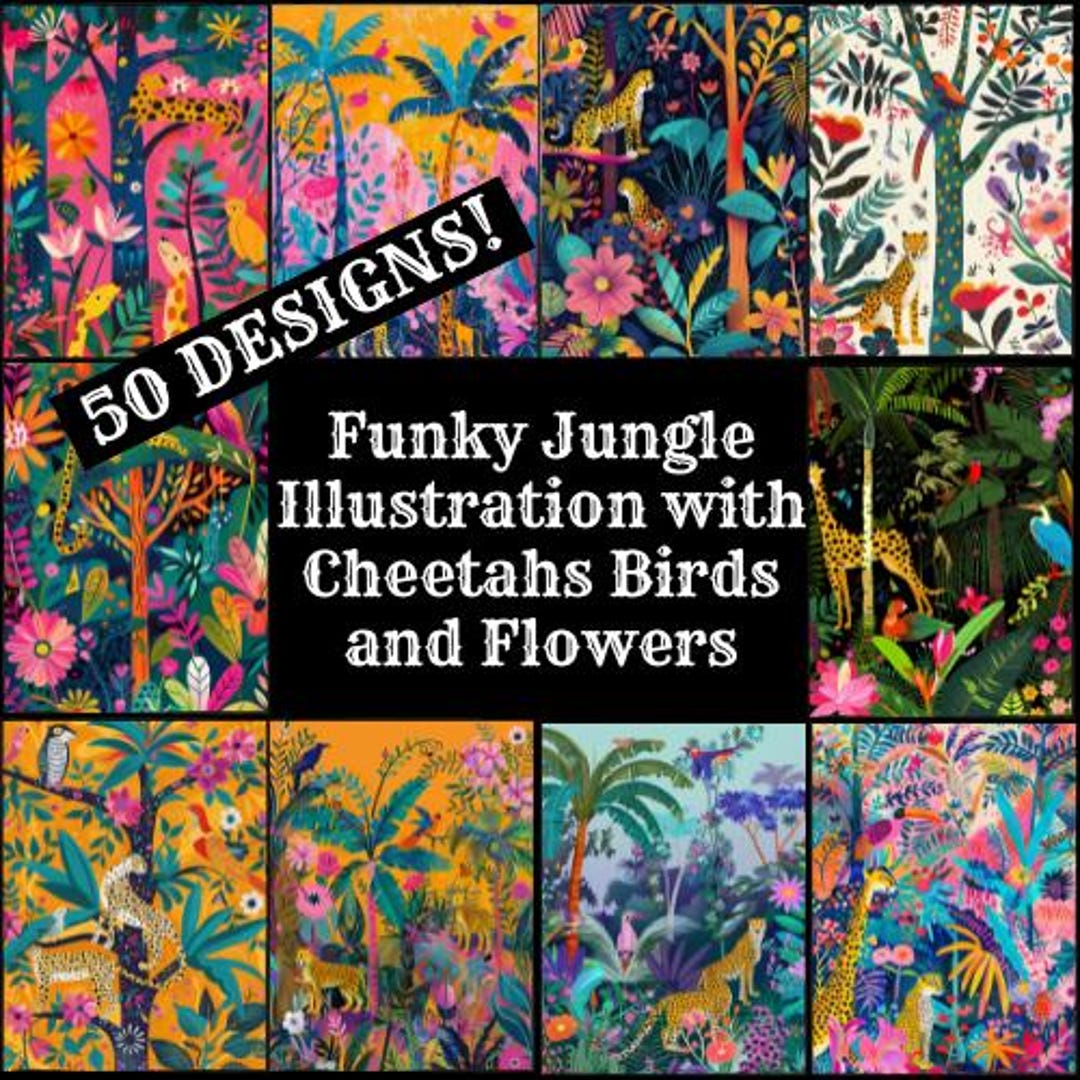 Funky Jungle Illustration With Cheetahs Birds and Flowers Journal Paper ...